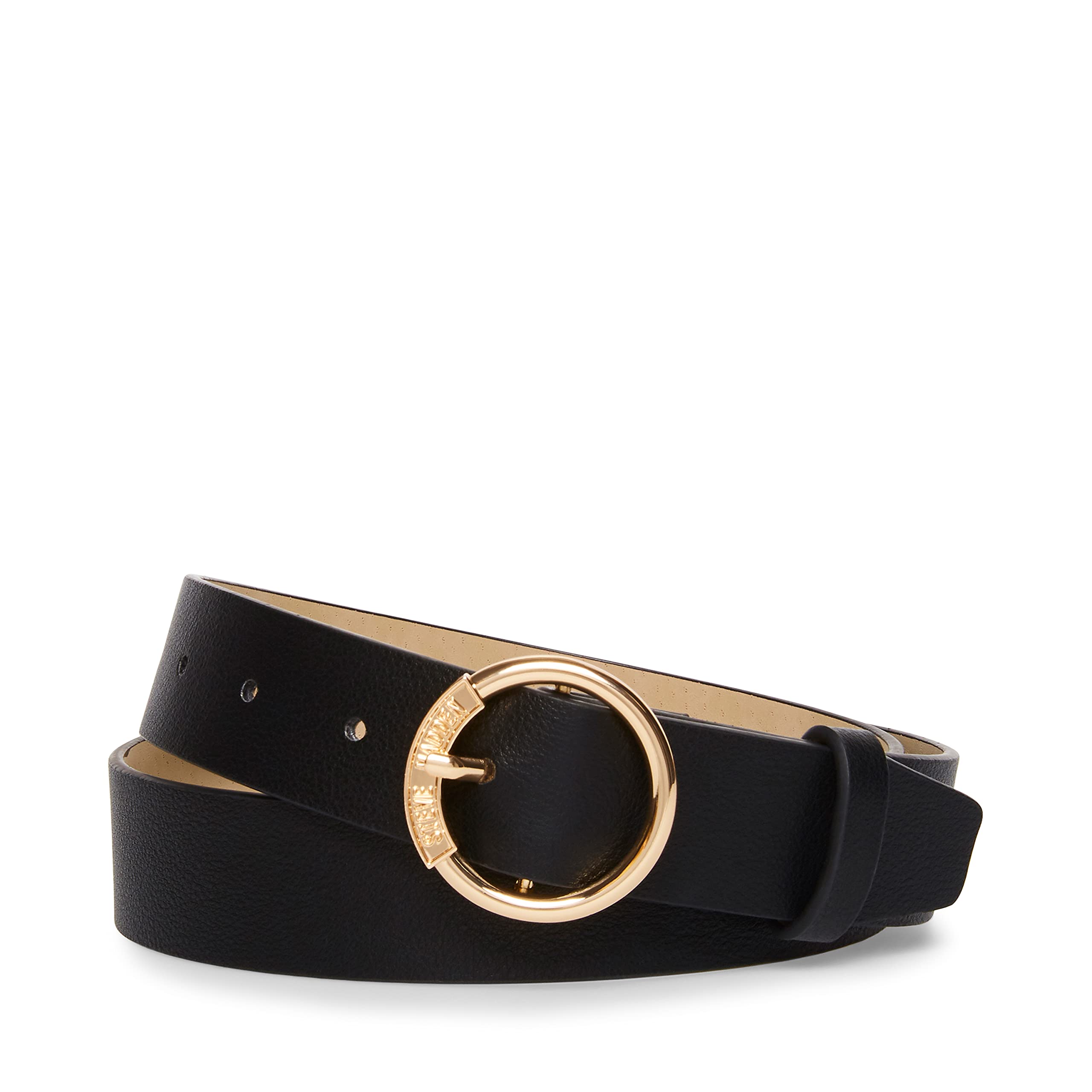 Steve Madden womens Steve Madden Women's Circle Logo Buckle Belt, Black Belt, Black/Gold, Large US