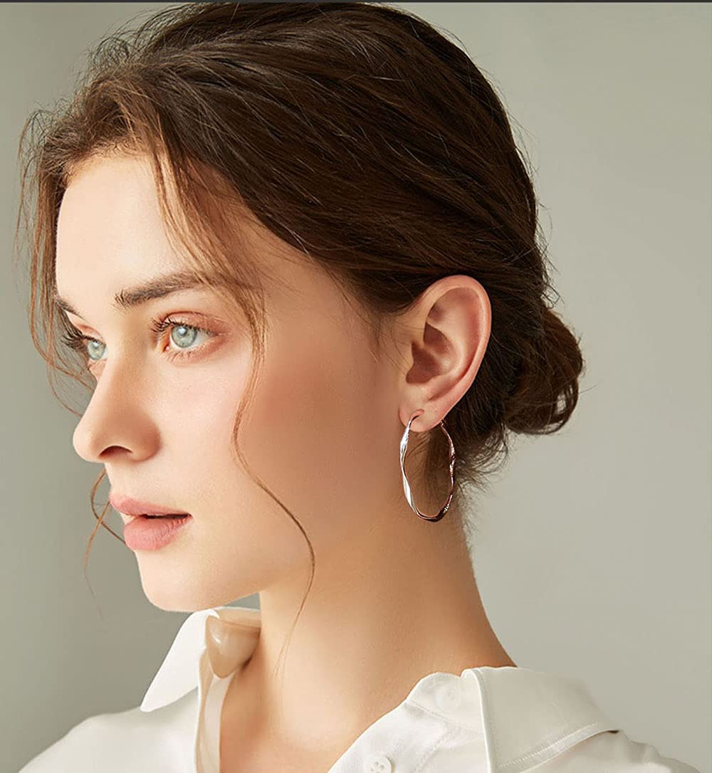 Twisted Open Hoop Earrings Lightweight High Polished Round Earrings with 925 Sterling Silver Post For Ladies As Gift