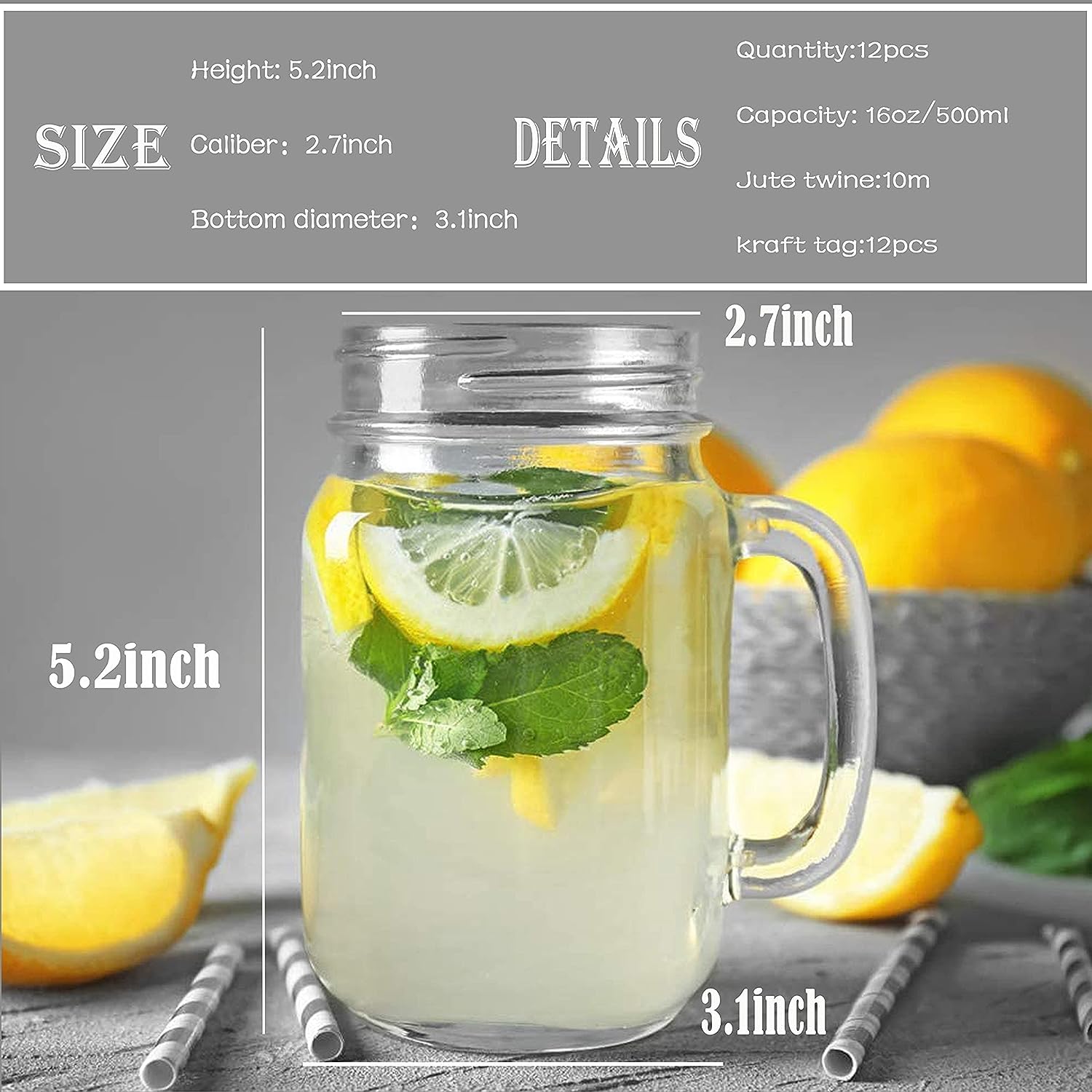 TANGLONG Mason Jar Cups, Mason Jars With Handle And Lids, Mason Jar Drinking Glasses, Glass Mason Jar Mugs 16 oz β12 Pack