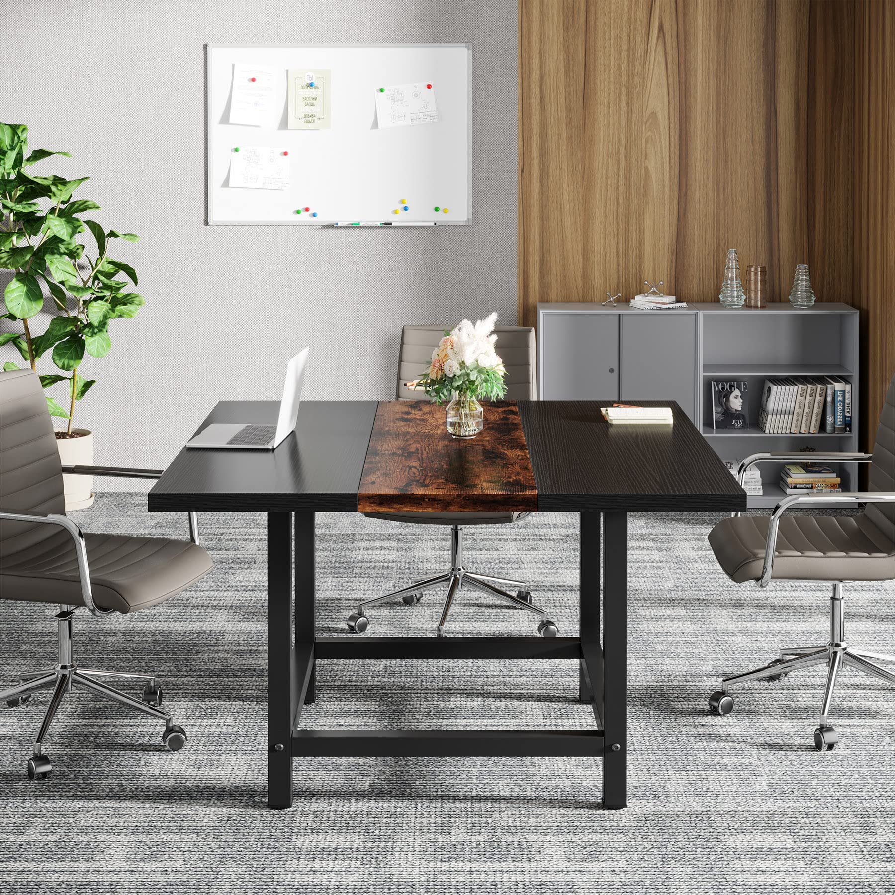 Tribesigns 6.5 Ft Conference Room Table, Rustic Rectangle 78.74L X 39.2W X 29.52H Inches Wood Seminar Table for Office, Conference Room,2 Tables (Chair not Included) (Rustic&black) (2, Dark Oak&White)