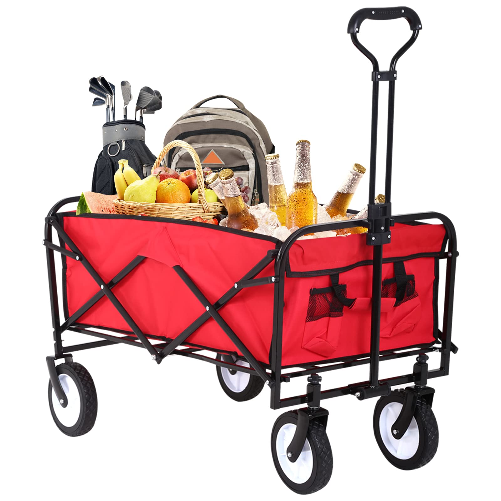 Pazidom Collapsible Wagon Large Capacity Folding Wagon Portable Beach Utility Wagon Cart Outdoor Foldable Garden Cart with All-Terrain Wheels & Adjustable Handle, Red