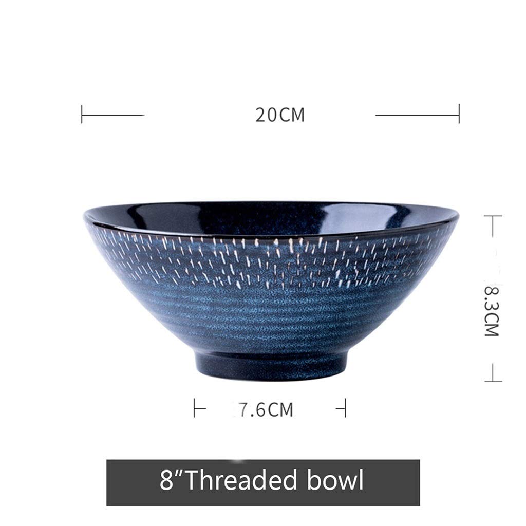 Threaded BowL 8" Ceramic Soup Bowl Ramen Bowl, Blue Thread Rice Bowl, Large Fruit Salad Bowl, Kitchen Tableware Cereal Bowl (Color : Blue2, Size : 8")