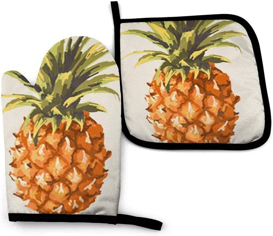 Vintage Pineapple Oven Mitt and Pot Holder Kitchen Set of 2: Heat Resistant Oven Mittens and Hot Pads Potholders for Kitchen
