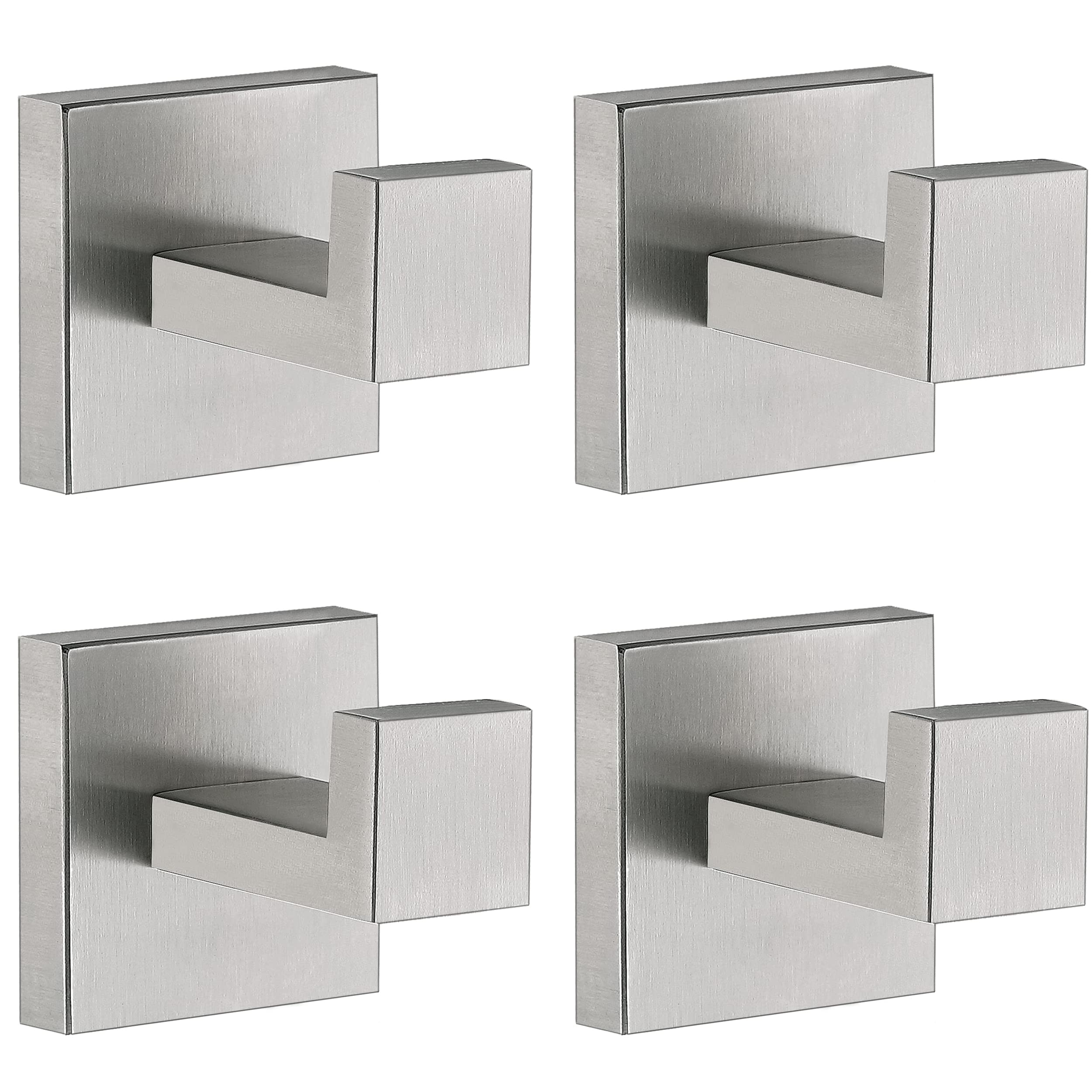 Towel Hooks for Bathrooms, Brushed Nickel Towel Hook for Kitchen Bathroom, SUS304 Stainless Steel Coat Hook, Square Heavy Duty Holder Robe Hooks for Hanging Towels, Coats, sponges, Wall Mount, 4 Pack
