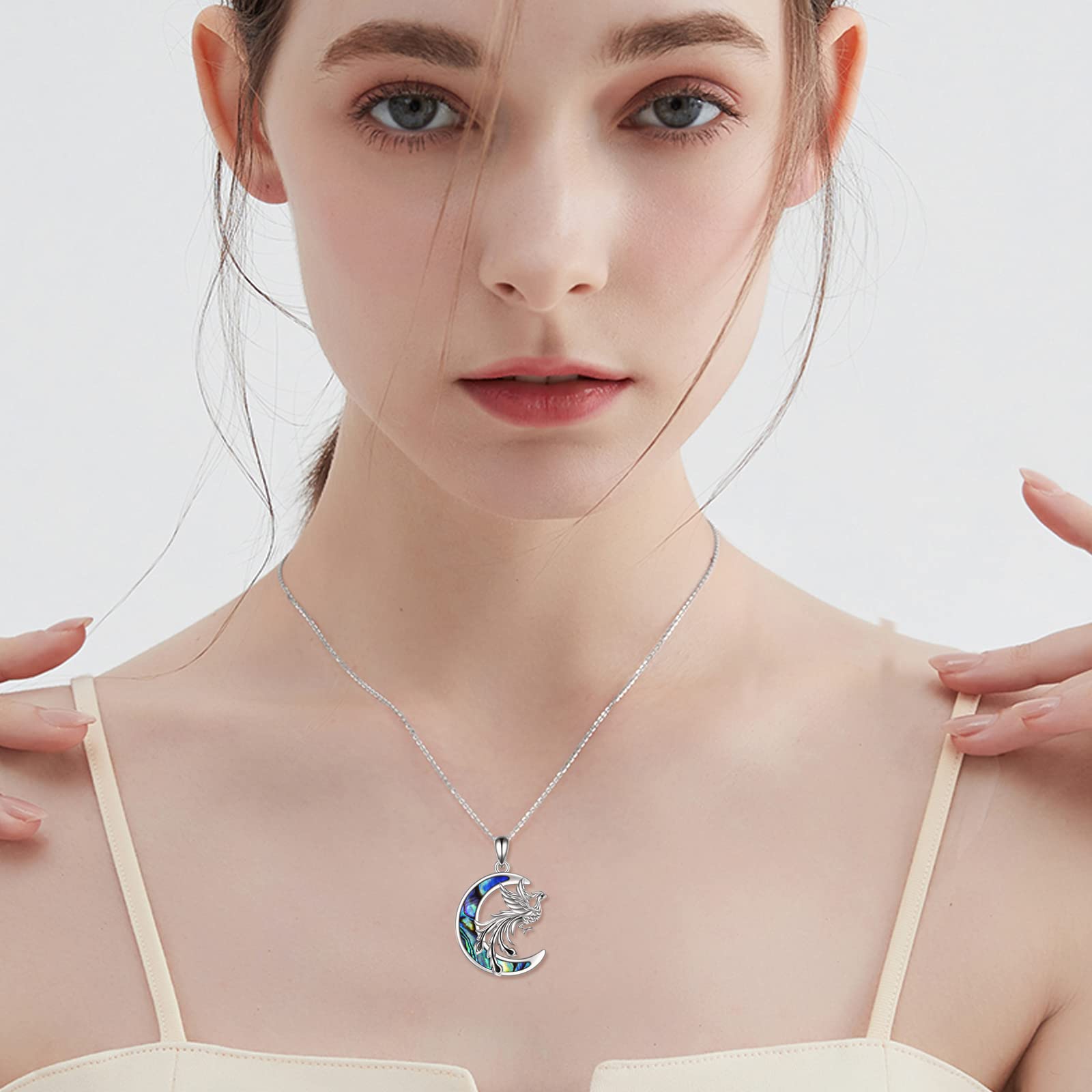 YFN Phoenix Necklace Sterling Silver Abalone Shell Crescent Moon Phoenix Pendant Necklace Nirvana of Phoenix Jewelry for Women