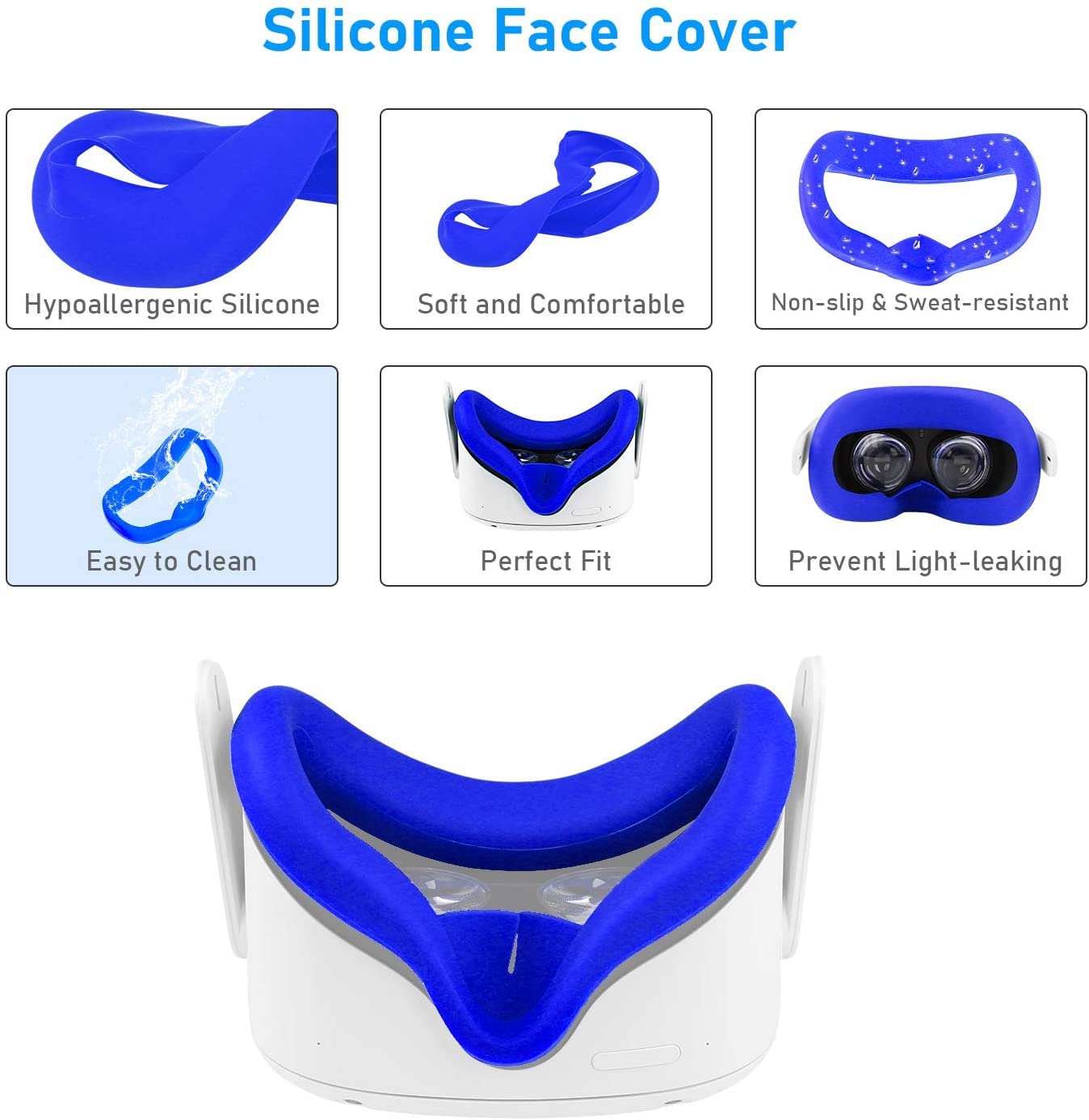 YIZEIJOB Silicone Cover Set Accessories for Oculus Quest 2, Quest 2 Front Shell Protector Cover, Controller Grips Cover, Lens Protective Cover, Anti-Throw Face Pad, 4PCS VR Bundle-Blue