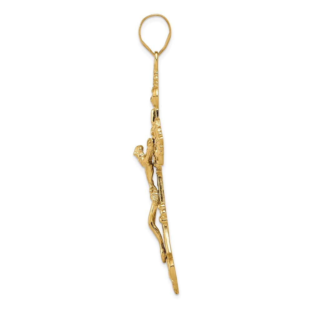 Solid 14k Yellow Gold INRI Fleur De Lis Cross Pendant Crucifix Charm - 57mm x 31mm