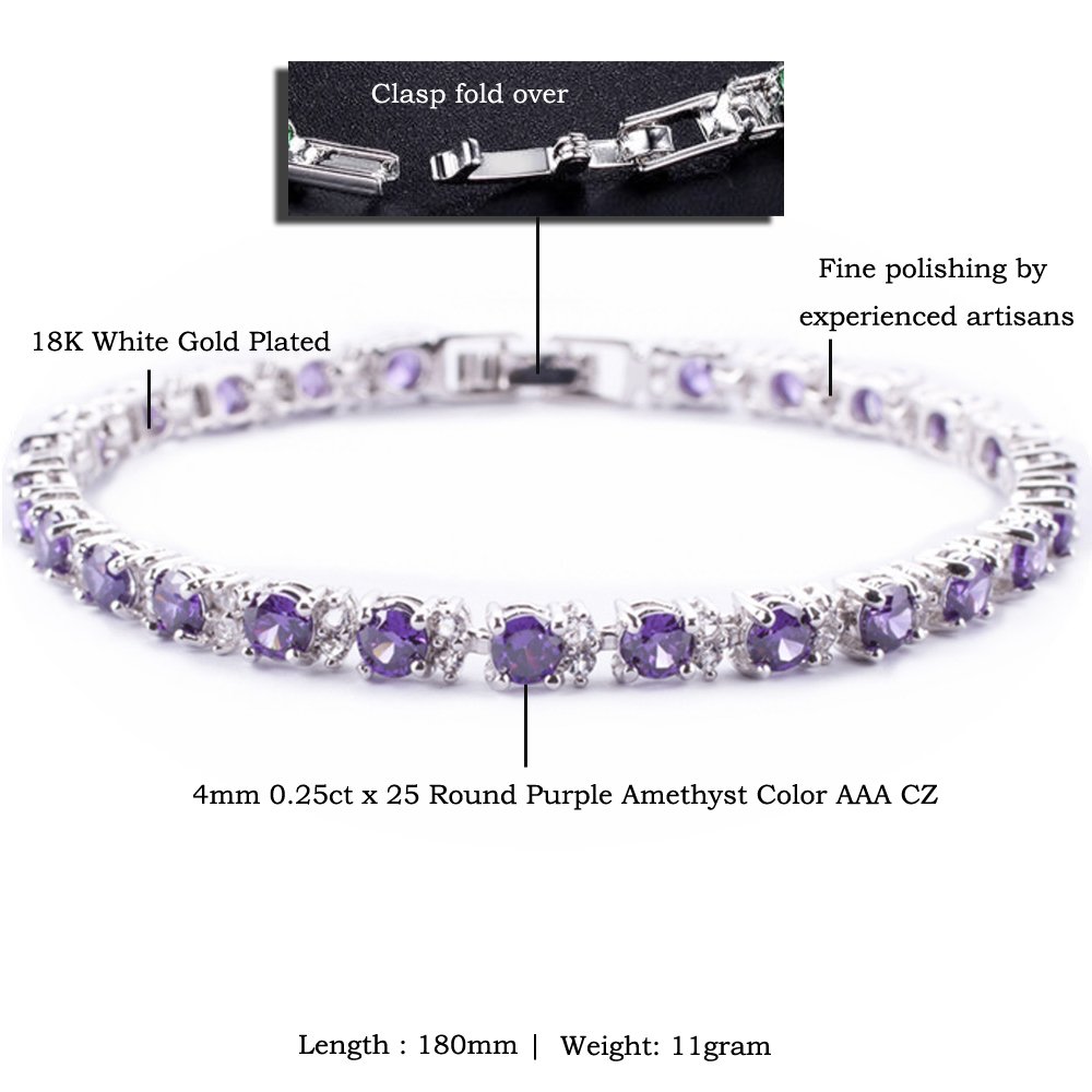 RIZILIA Round Simulated Purple Amethyst and White Cubic Zirconia 18K White gold Plated Tennis Bracelet, 7"
