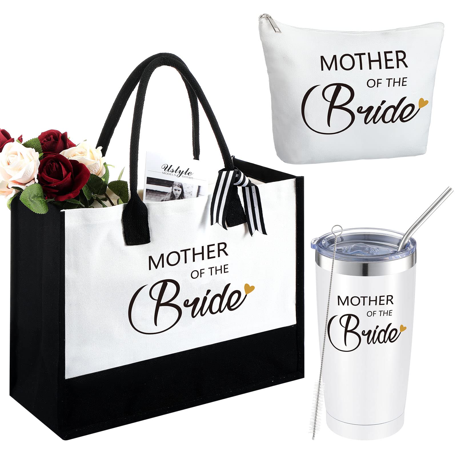 Tudomro 3 Pcs Mrs Gifts Mother of the Groom Bridal Shower Wedding Gifts Tote Bag Makeup Pouch Mother of the Bride Travel Tumbler(Mother of the Bride)
