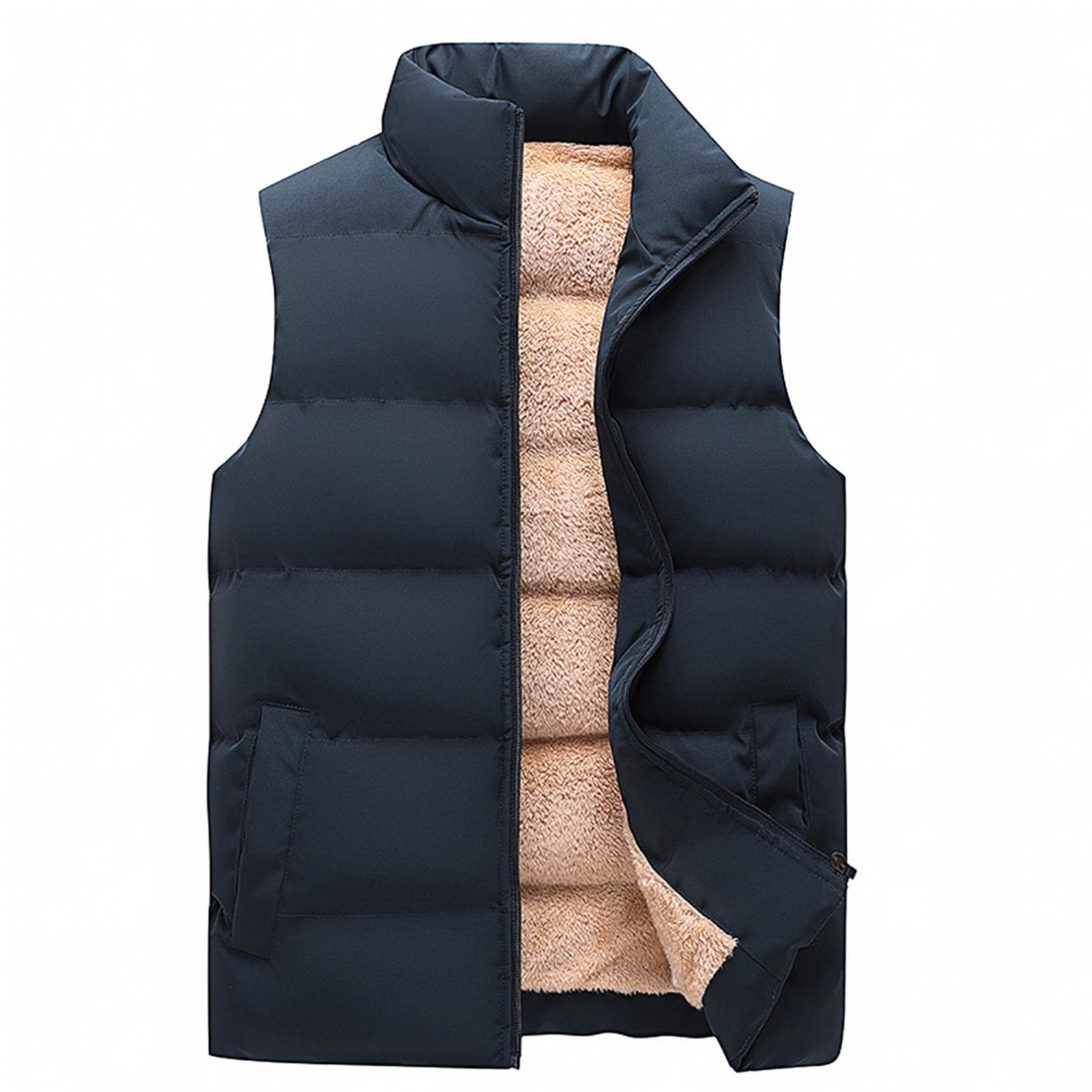 Stoota Men's Outdoor Stand Collar Fleece Jacket Vest, Casual Padded Vest Coats Puffer Vest Thick Lined Sleeveless Jacket