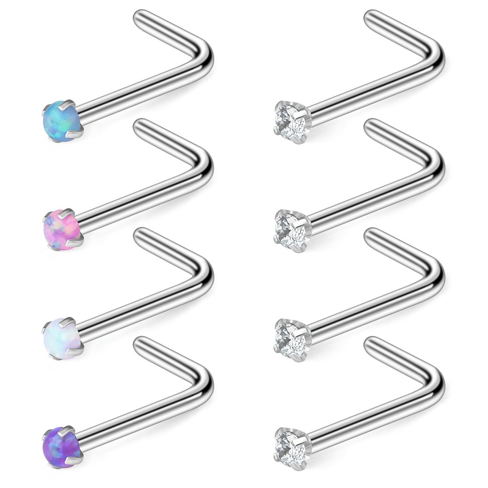 Ruifan 22G 316L Surgical Steel 1.5mm Mix Color Opal & Clear CZ Nose L-Shaped Rings Studs Ring Body Piercing Jewelry 8PCS