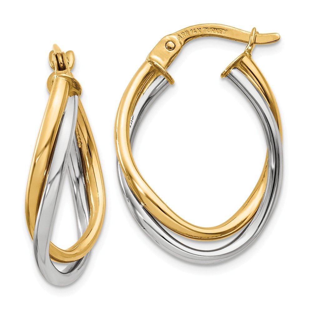 Solid 14k Yellow and White Gold Two Tone Oval Tube Hoop Earrings - 20mm x 4mm