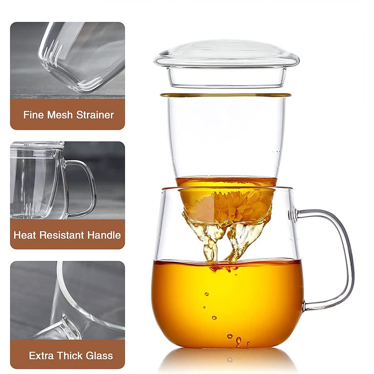 TIANXIALAWU 16.9 oz,Glass Tea Infuser Cups with Strainer and Lid,Tea Mugs with Infuser and Lid,Loose Tea Infuser,Hot Tea Diffuser Cup, (glass cover)，Glass Tea Cups
