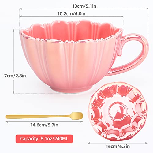 VCXOX Creative Cute Ceramic Coffee Mug with Flower Shape Saucer & Spoon Sets, Novelty Coffee Cup with Comfortable Grip for Office and Home, 8.1 oz/240 ML for Tea Latte Milk Cup (pink)