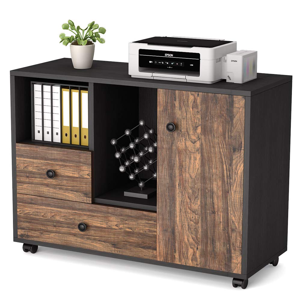 Tribesigns File Cabinet, Lateral Mobile Filing Cabinets with 2 Drawer Large Rolling Printer Stand with Wheels, Open Storage Shelves and Door for Home Office