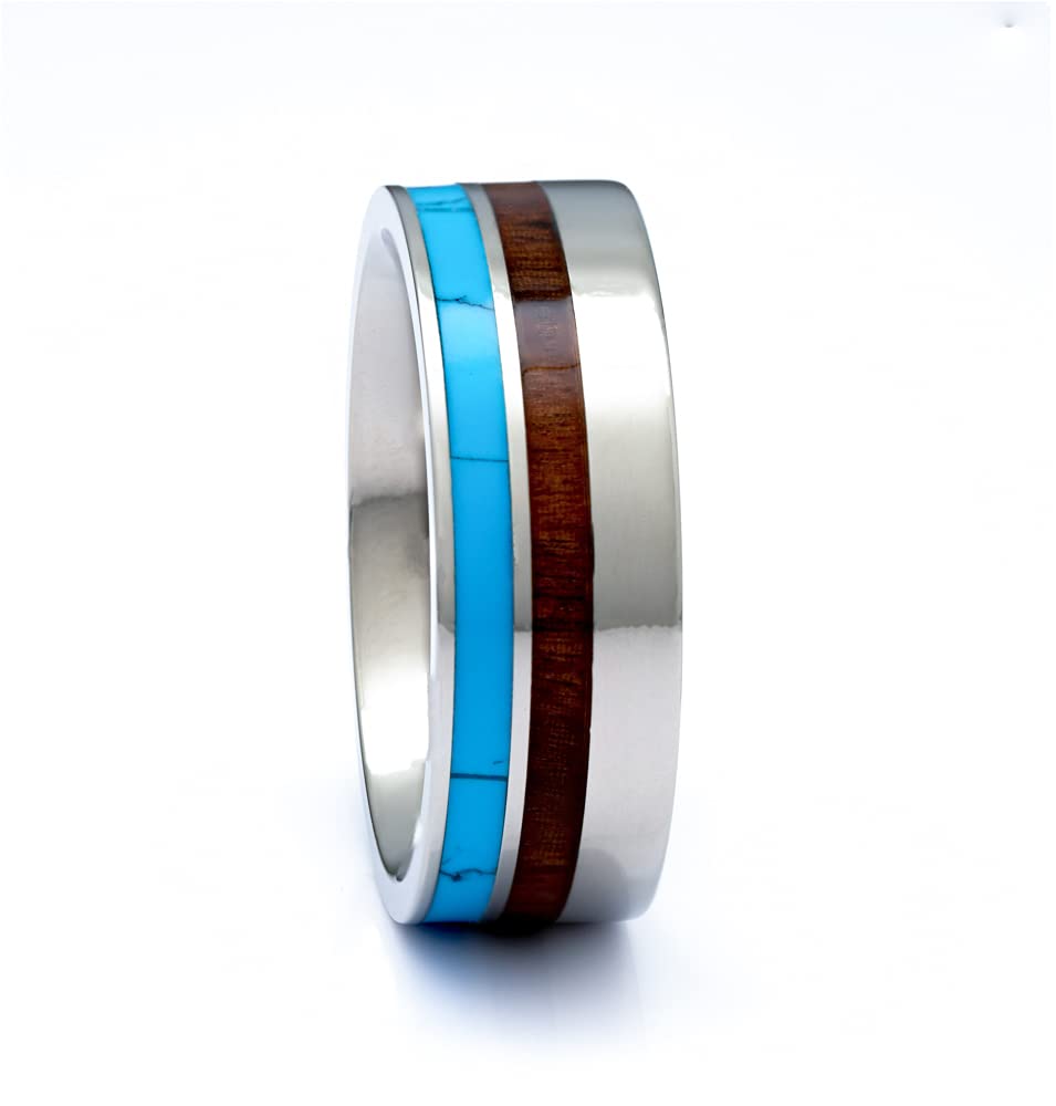 PCH Jewelers Turquoise and Koa Wood Ring set in Titanium High Polish Wedding Bands 8mm Comfort Fit (10)