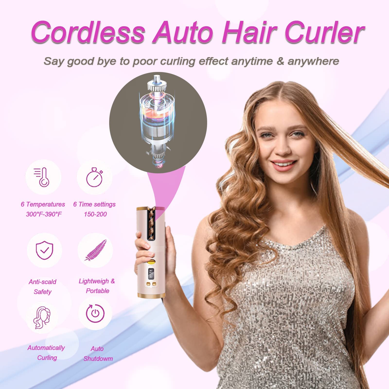 SENLLY Cordless Automatic Hair Curler, Auto Curling Iron with Adjustable 6 Temperature and 11 Timer Settings, Wireless Portable Rotating Wand for Hair Styling (30s Fast Instant Heat, 5000mAh)