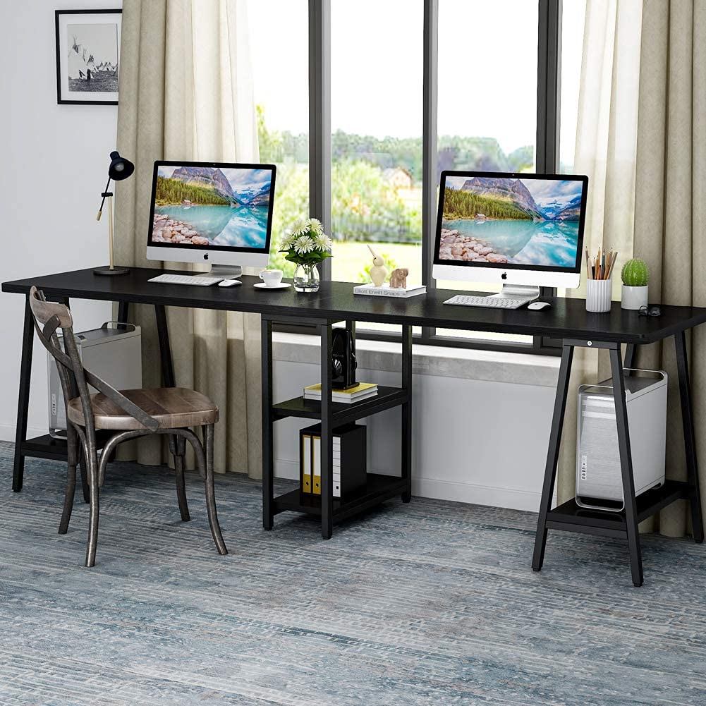 Tribesigns Two Person Desk, 94.5 Inch Double Computer Desk with Storage Shelves, Large Gaming Desk Studying Writing Workstation for Home Office, Black