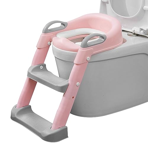Toddler Toilet Seat and Step Kids Folding Potty Training Toilet Seat with Handle and Ladder Adjustable Toilet Ladder Seat Rose