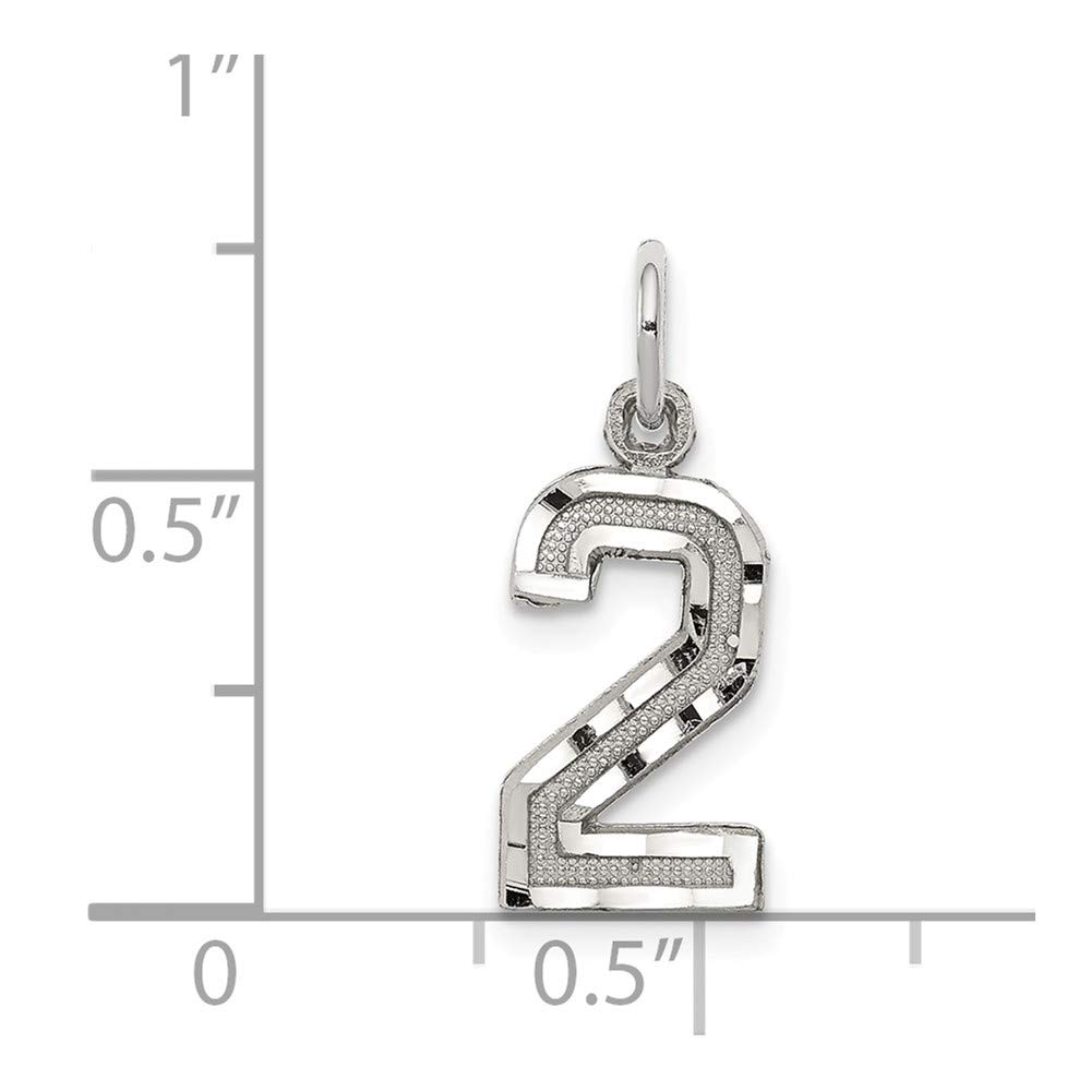 Solid 925 Sterling Silver Small Diamond-cut Number # 2 Charm Pendant - 20mm x 7mm