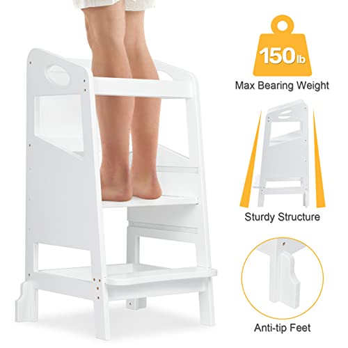 Toddler Tower Kitchen Stool Helper, GAOMON Step Stool for Kitchen Counter Bathroom Sink, Adjustable Height, Non-Skip Feet & Heavy Duty, Chalkboard, Wood Standing Tower for Toddlers 1-3