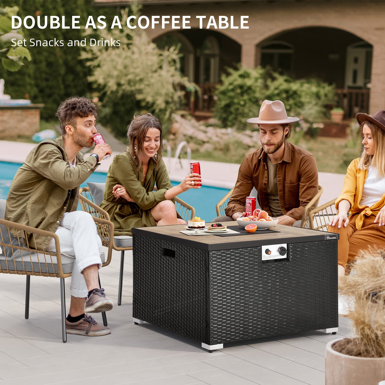 YITAHOME 32 Inch Outdoor Low Propane Fire Table, 40,000 BTU Gas Fire Pit, Square Ceramic Tile Firtable with Wood Grain, Brown Wicker Base, Weatherproof Cover & Lid for Patio (Fit Outside 20lbs Tank)