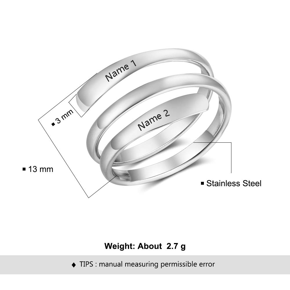 Personalized BFF Wrap Rings Free Engraving 2 Name Rings for Women Adjustable Couple Rings Promise Rings (silver)