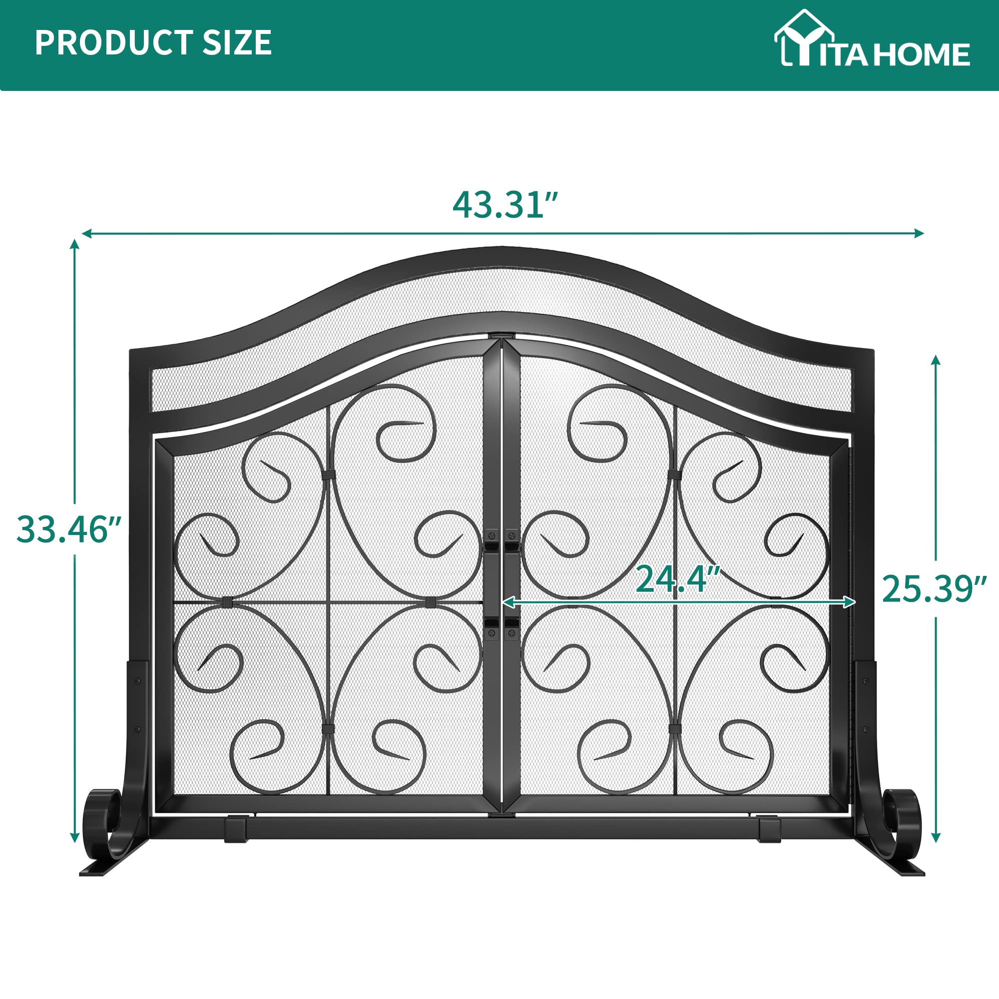 YITAHOME Folding Fireplace Screen with Doors, 50.39x32.28in Large Flat Guard Indoor Fireplace Screens Solid Wrought Iron Frame with Metal Furnace Fireguards Safe Spark Protector for Living Room, Black