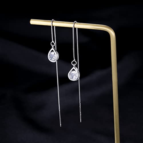 Reffeer Solid 925 Sterling Silver CZ Droplet Chain Dangle Earrings for Women Teen Girls Tassel Dangle Earrings Threader (A-Silver)