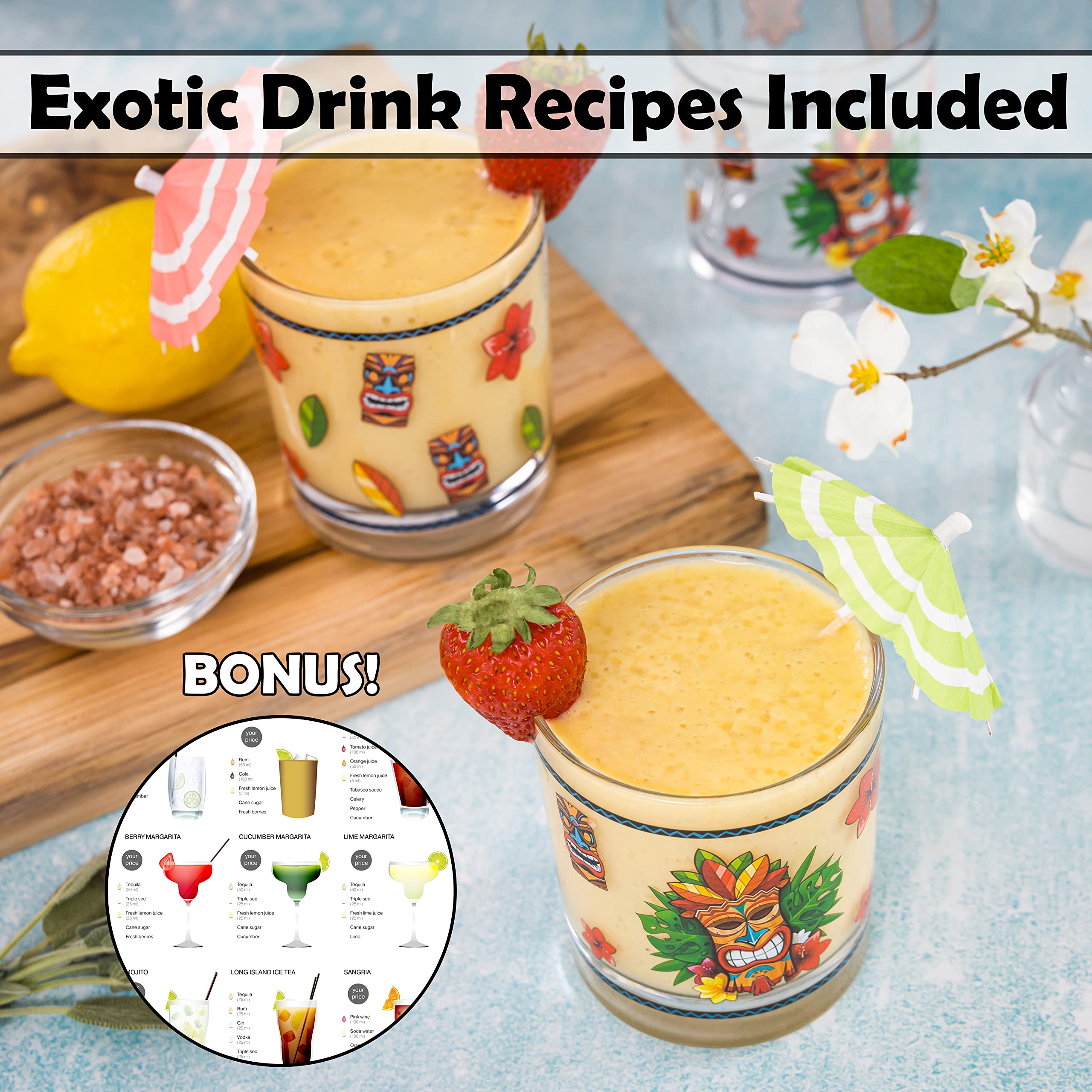 Tiki Cocktail Glasses Set of 4-10.5 Ounce Rocks Drinking Cups | Exotic Hawaiian Luau Party Barware