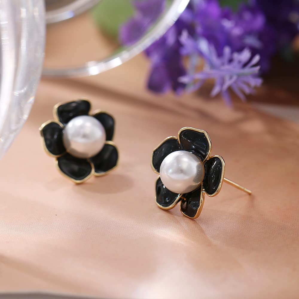 Stud Earings 14K Gold Plated 925 Sterling Silver Post Rose Flower & Pearl Stud Earrings for Women (white)