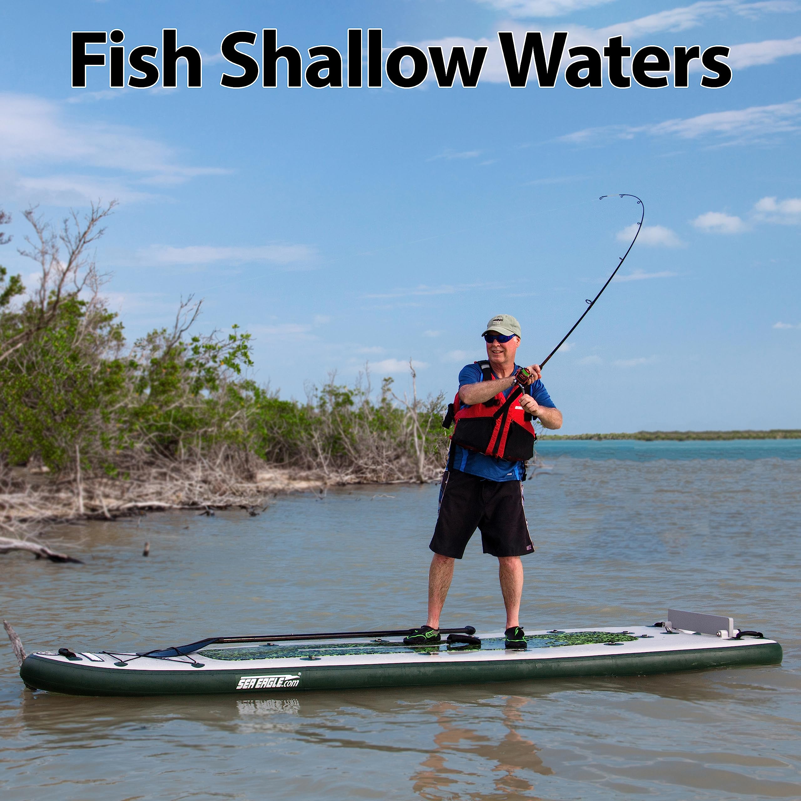 Sea Eagle FS126 12β6β Inflatable FishSUP Fishing Stand-Up Paddleboard w/Paddle(s), Storage Box, Pump, Removable Transom, Backpack/Optional Seat - Sit, Stand, Fish, Motor, or Troll (FS126 Start UP)