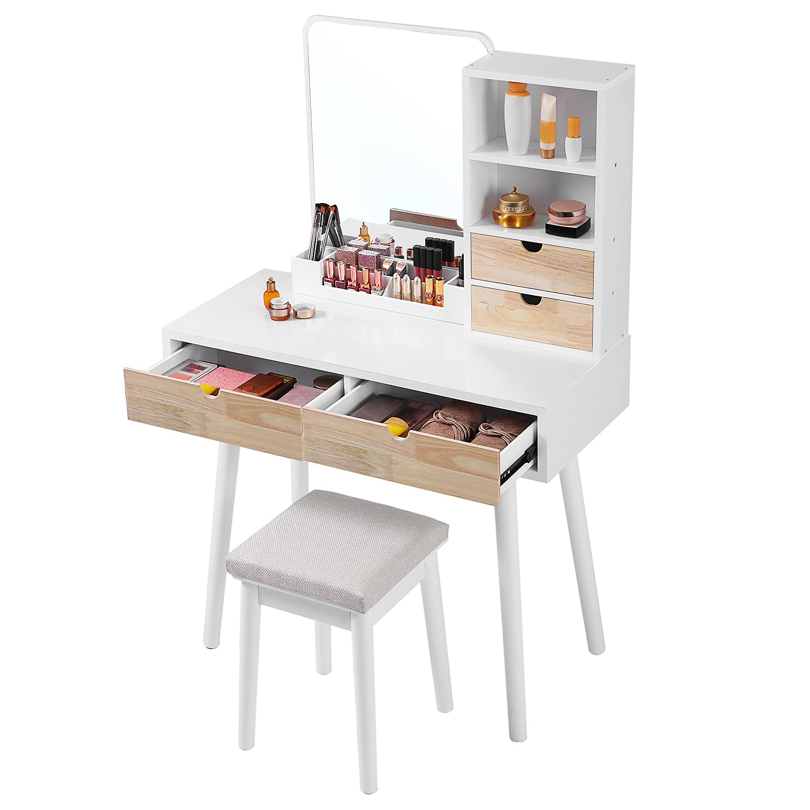 VASAGLE Vanity Set Modern Makeup Dressing Table with Mirror, Felxible Storage, White and Natural URDT32K