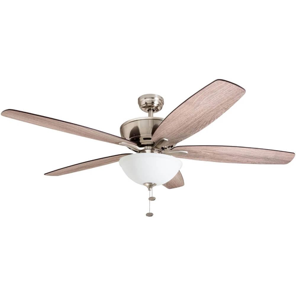 Prominence Home Denon, 60 Inch Traditional Indoor LED Ceiling Fan with Light, Pull Chain, Three Mounting Options, 5 Dual Finish Blades, Reversible Motor 51029-01 (Brushed Nickel)
