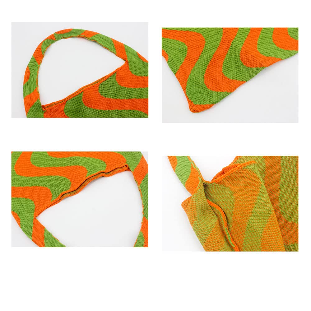 Woven Tote Bag, Knitted Messenger Bag Wavy Striped Shoulder Bag Underarm Colorblocking Women'S Bag (orange green)