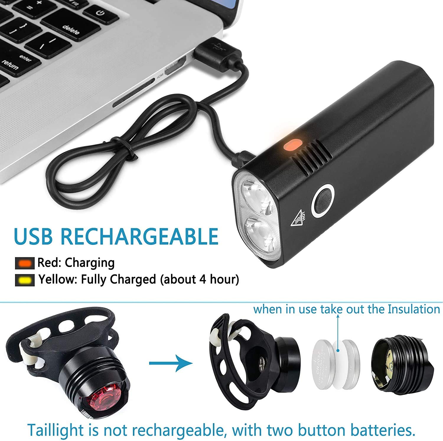 USB Rechargeable 2 LED Bike Lights Set, Super Bright Front and Back Rear Bicycle Light Combo, IPX5 Waterproof 800LM Cycling Light, Mountain Road Helmet Cycle Headlight and Taillight Set (5 Modes)