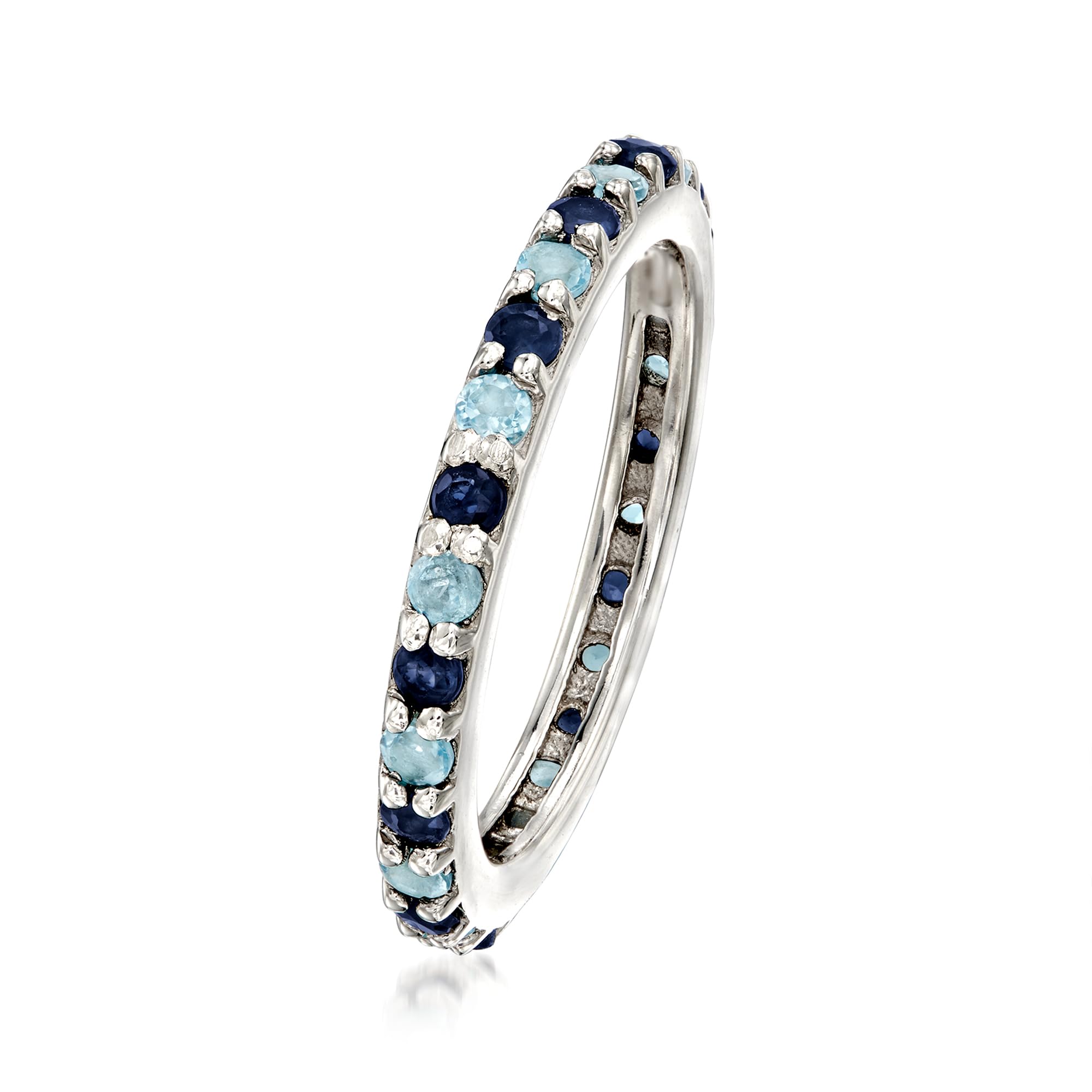 Ross-Simons 0.60 ct. t.w. Sapphire and .50 ct. t.w. Swiss Blue Topaz Eternity Band in Sterling Silver. Size 9