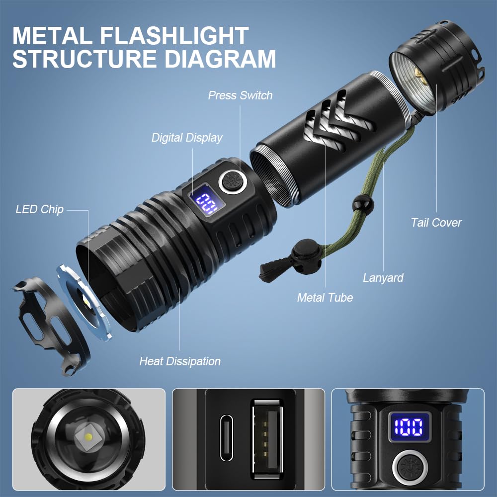 taoquwe Flashlights High Lumens LED Rechargeable, 900,000 Lumen Brightest Flash Light, High Power Flashlight USB with 5000 mAh Capacity, Waterproof Handheld LED Flashlight for Camping Hiking