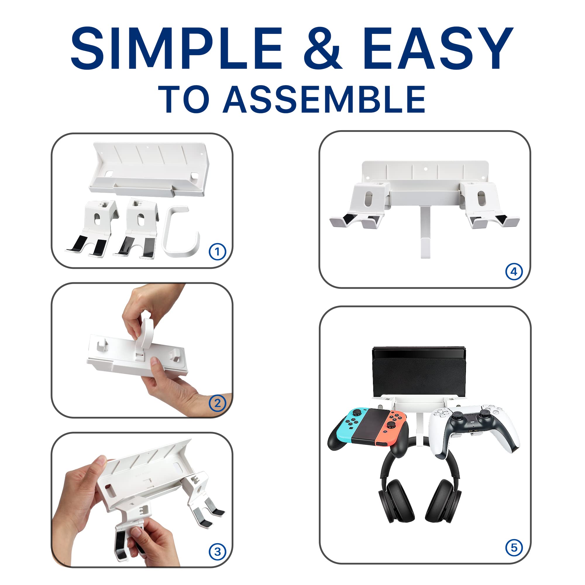 VRAKIY Wall Mount Stand Holder Bundle fot Switch OLED , Comes With 2-in-1 Charge Cable,Detachable Controller Hanger & Headphone Hook for Nintendo Switch 2021