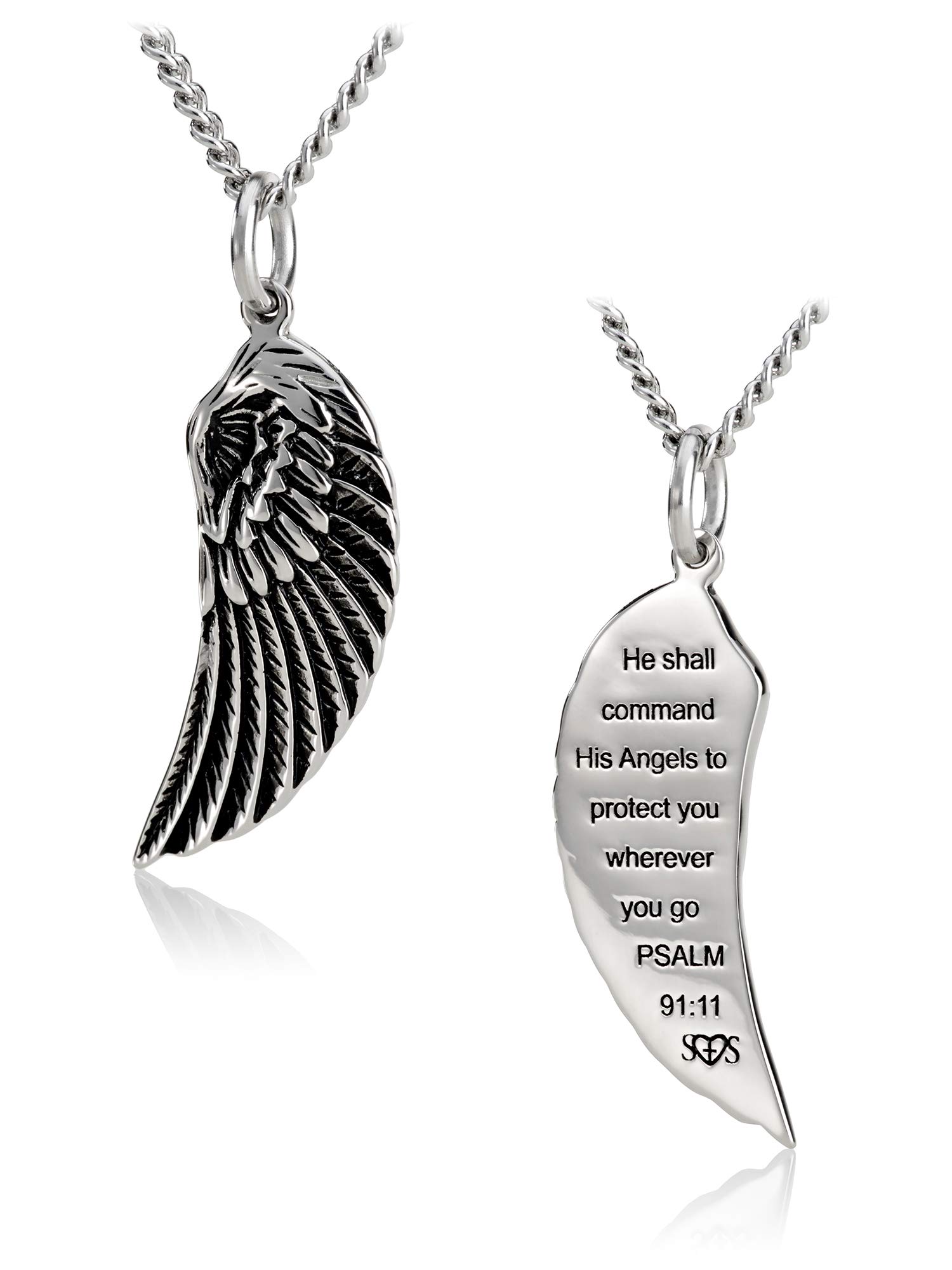 Shields of Strength Stainless Steel Mini Angel Wing Necklace Inscribed with Psalm 91:11 Bible Verse Pendant Chain Teen Girls Christian Jewelry Gifts