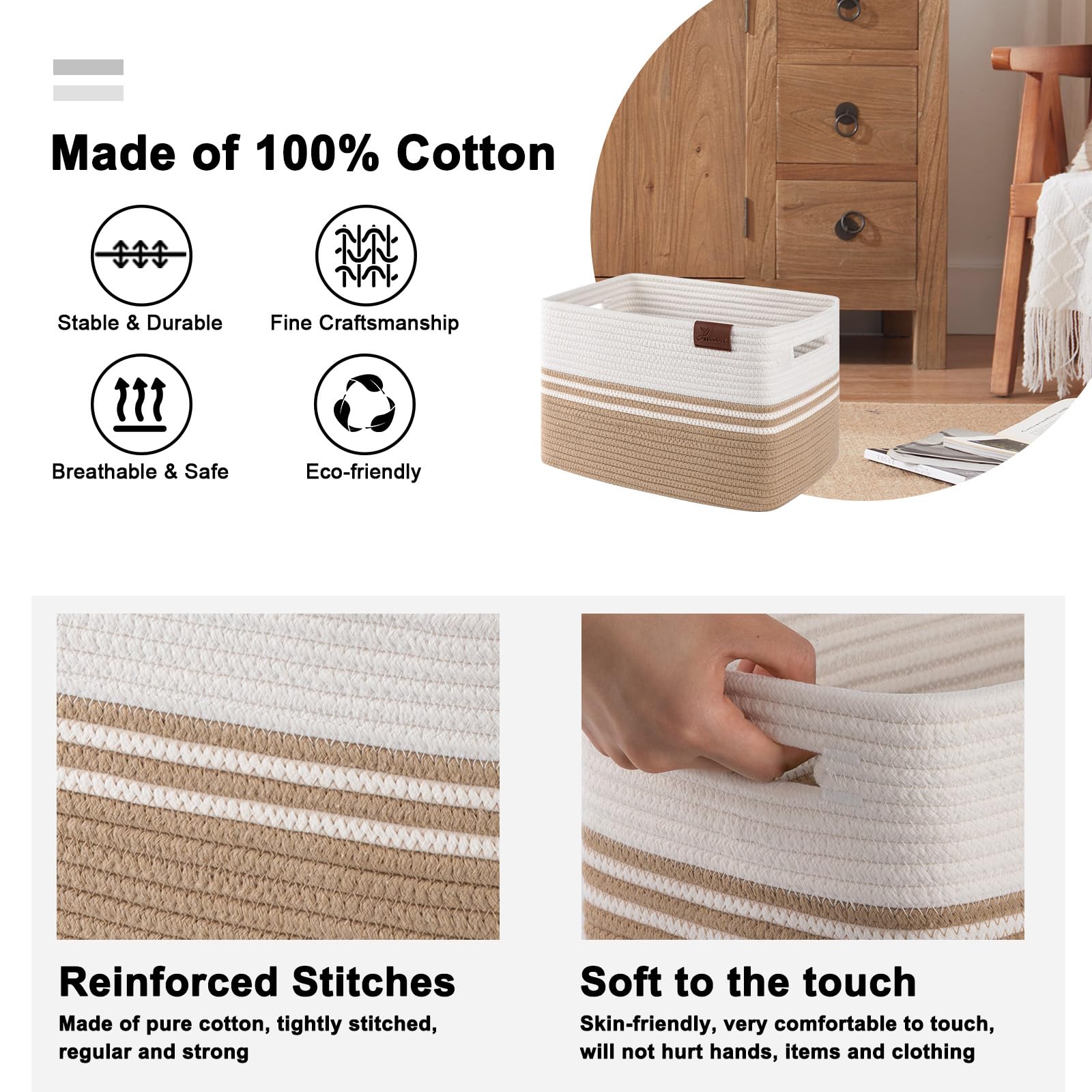 SIXDOVE Storage Basket, Woven Basket for Toys and Towels, Soft Cotton Rope Rectangle Woven Basket for Storage, Pack of 3, Jute and White, 15''L x 10''W x 9''H