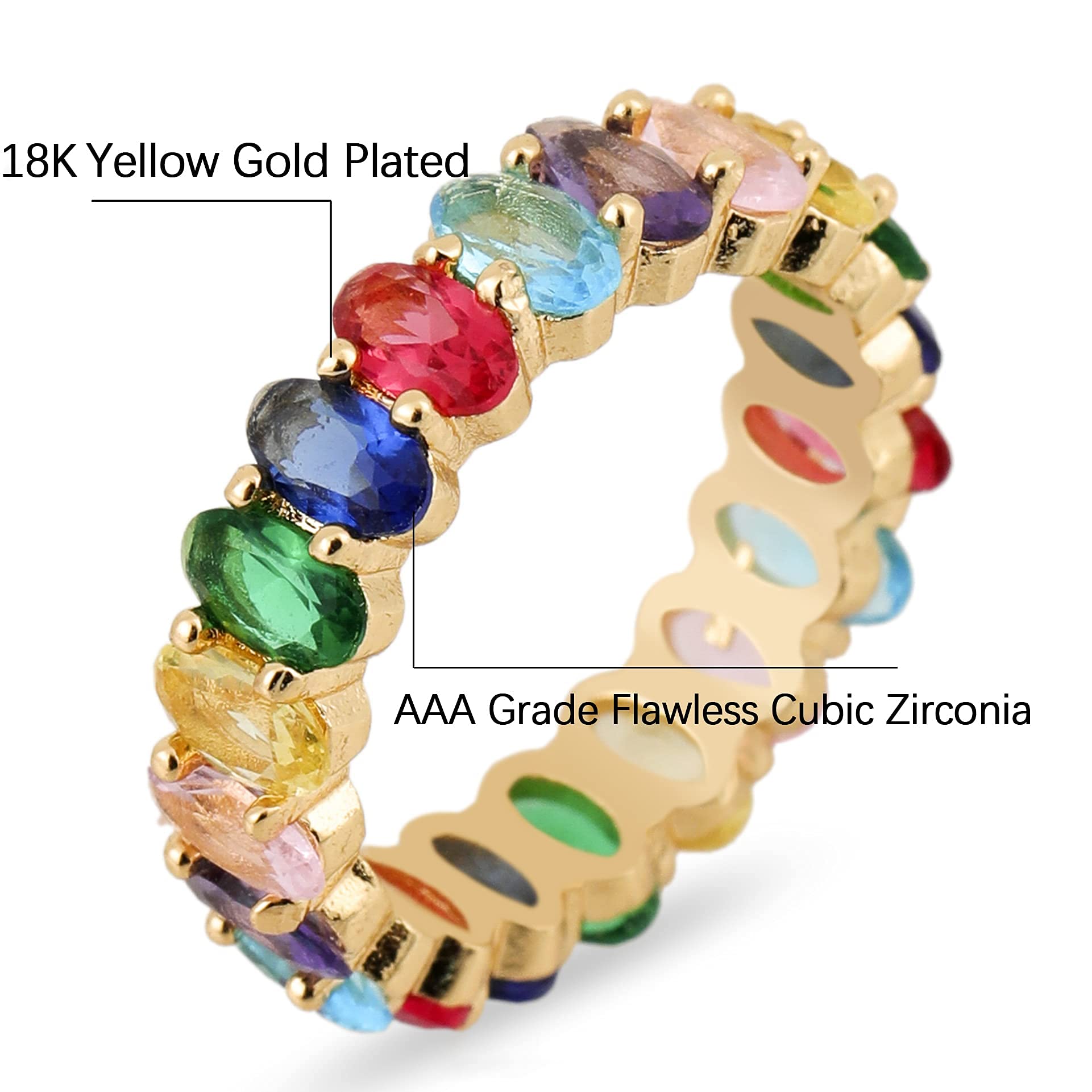 UUJOY 18K Gold Plated Cubic Zirconia Oval Cut Eternity Ring Wedding Band, Handmade Eternity Rainbow Ring,Engagement Anniversary Ring for Women Men…