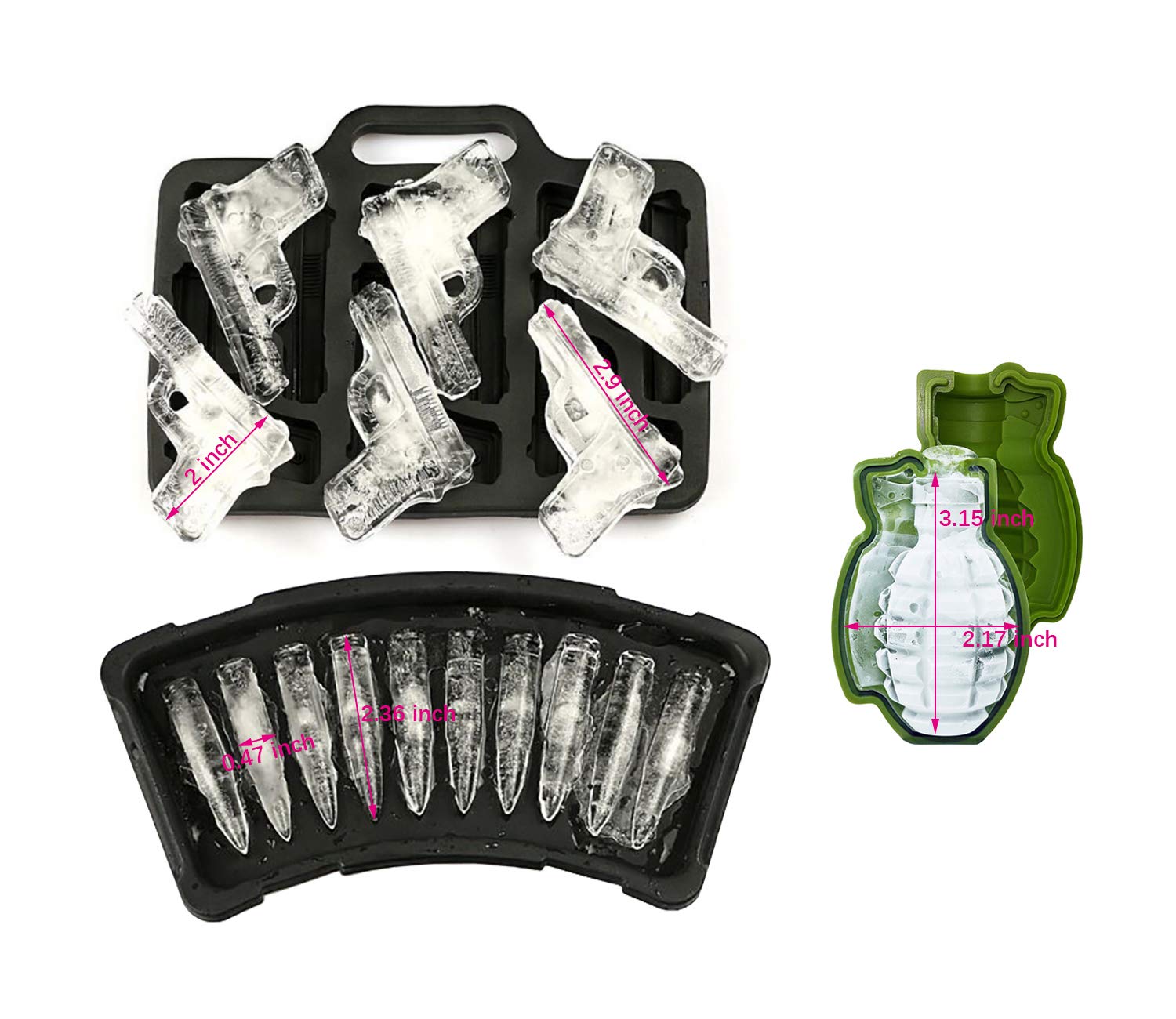 Weapon Series Whisky 3D Cube Ice Ball Molds Grenade Mould Handgun Ice Mold Bullet Tray Ice Maker Set of 6 By TAISI