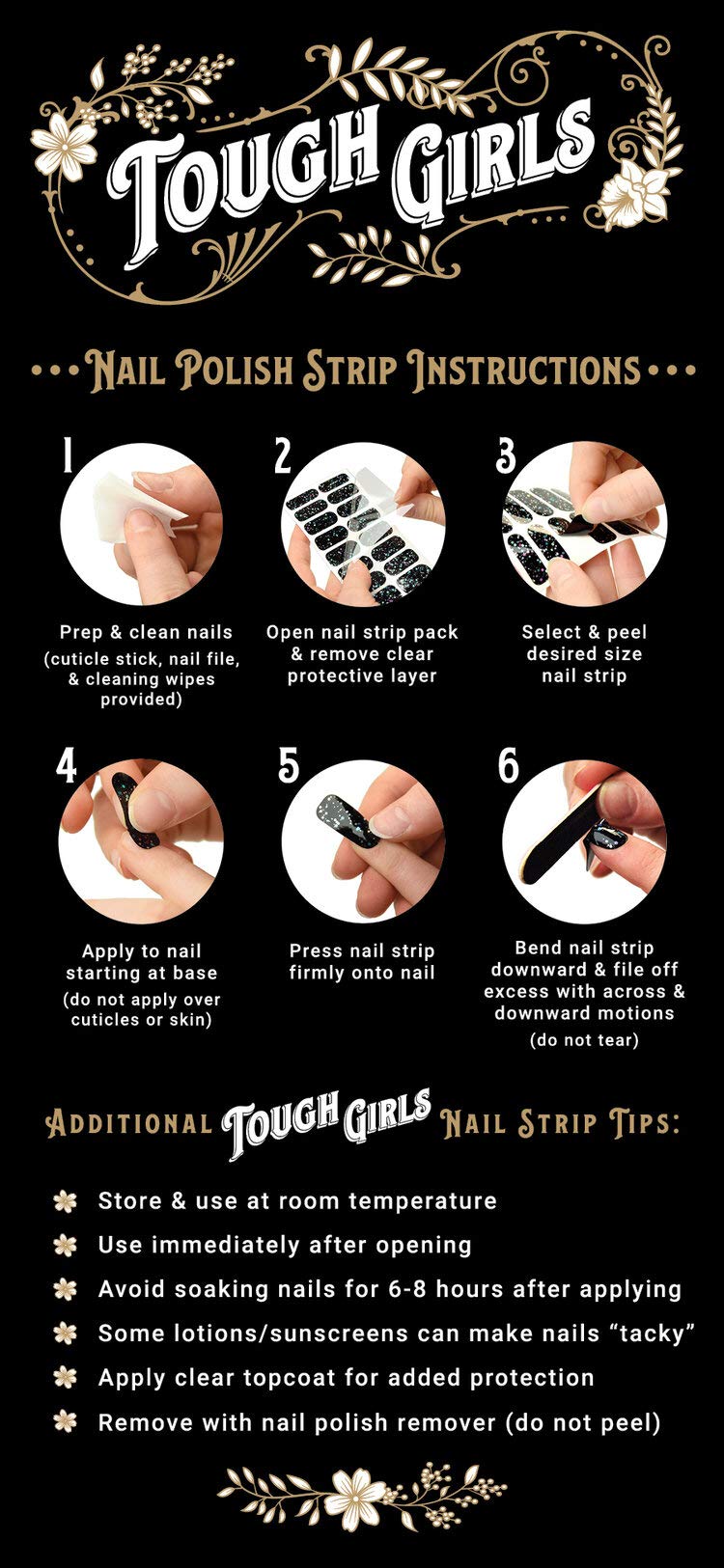 TOUGH GIRLS | Nail Polish Strips | 20 Stylish Strips | Brighter, Thicker, Tougher | Includes Cuticle Stick, Nail File, & Nail Wipes (Black & Sparkles)