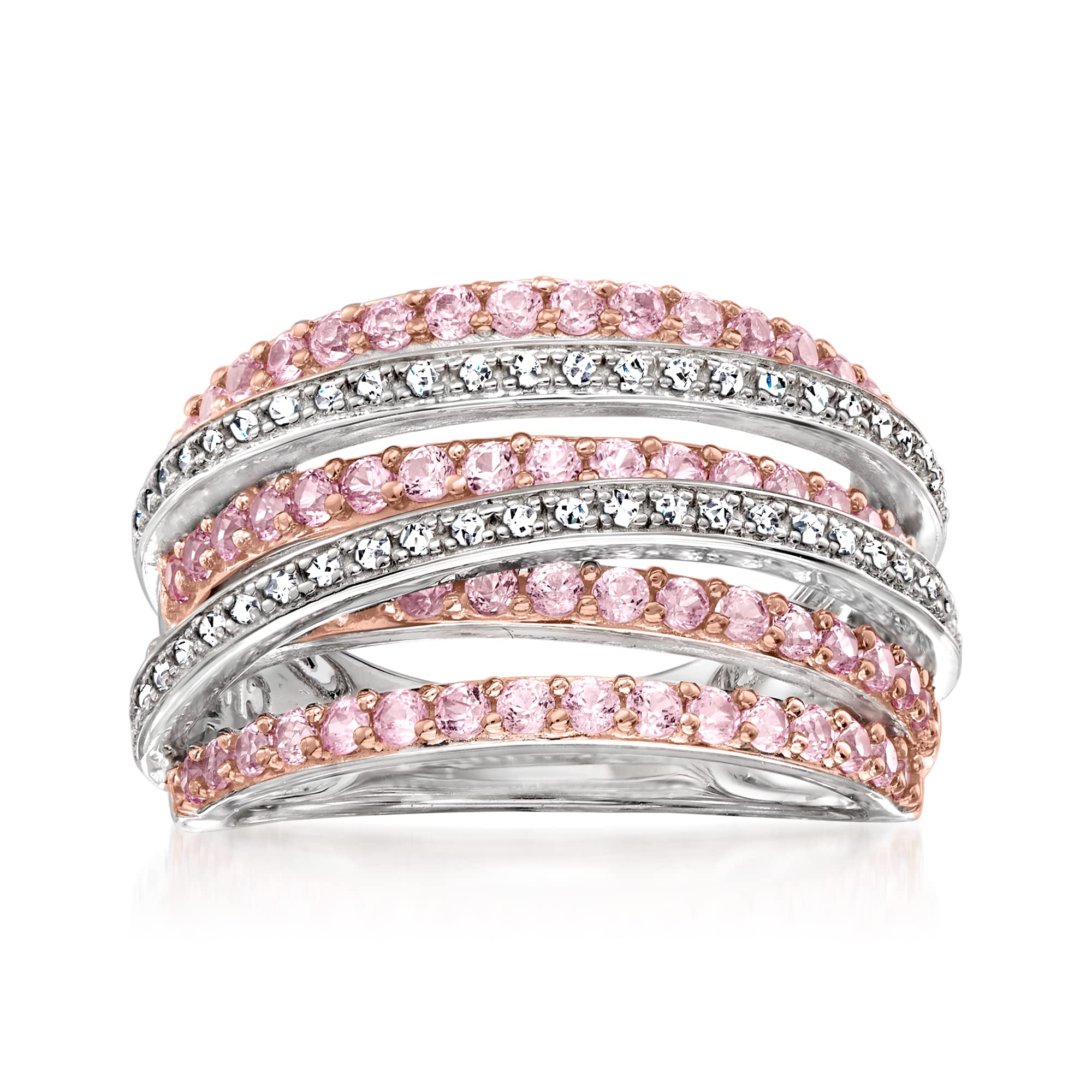 Ross-Simons 1.00 ct. t.w. Pink Sapphire and .15 ct. t.w. Diamond Highway Ring in 2-Tone Sterling Silver. Size 7