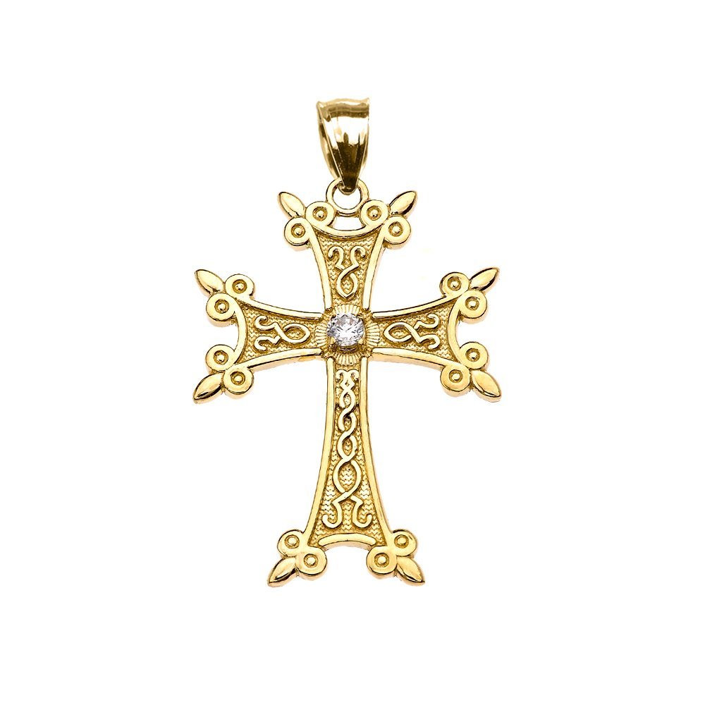 Religious Jewelry Solitaire Diamond Armenian Cross Pendant in 14k Yellow Gold