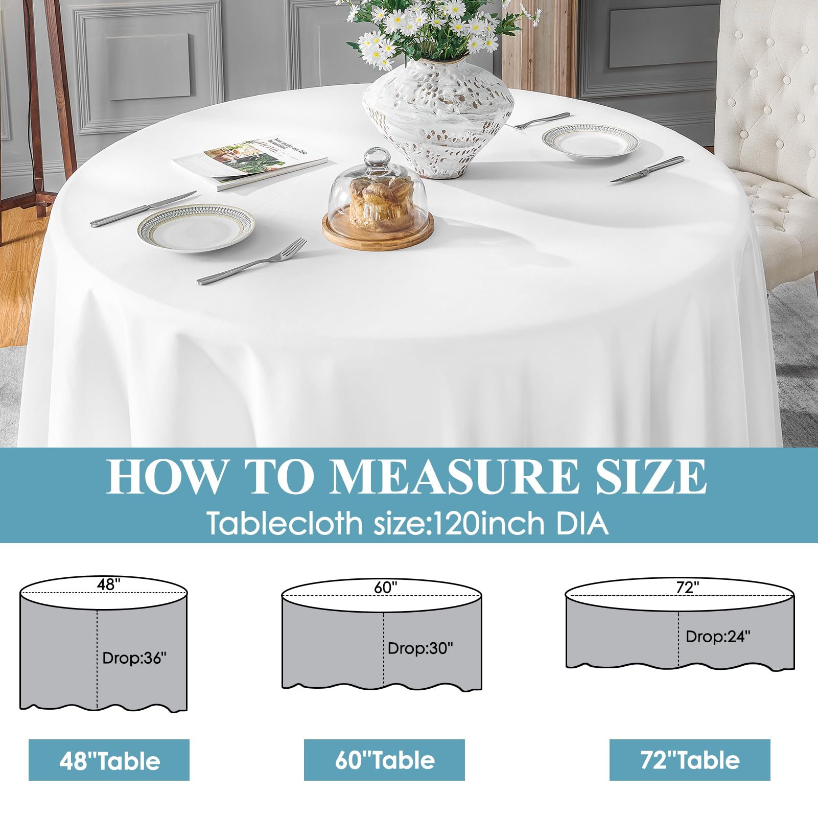VidaFete 120inch Round Tablecloth Polyester Table Cloth,Stain Resistant and Wrinkle Polyester Dining Table Cover for Kitchen Dinning Party Wedding Rectangular Tabletop Buffet Decoration(White)