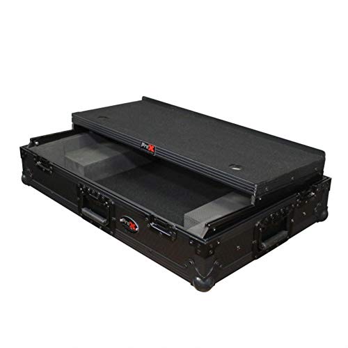 ProX Flight Case for Pioneer DJ DDJ-SX/RX & Denon MCX7000 With Sliding Laptop Shelf, LED Lights and Wheels- Black on Black Design - XS-DDJSX WLTBL LED