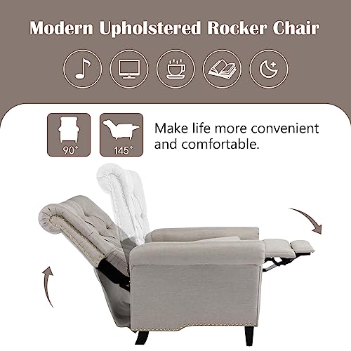 Pushback Recliner Chair, Modern Button Tufted Wingback Single Sofa Chair with Nailheads & Roll Arm & Solid Wood Legs, Comfy Linen Upholstered Manual Reclining Sofa for Home Theatre Living Room, Tan