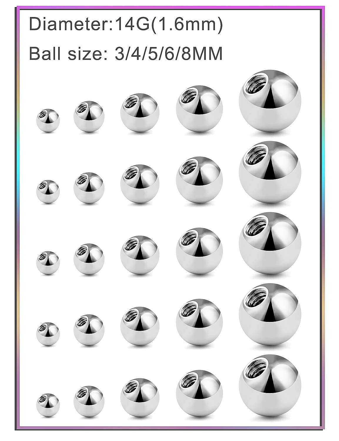 Prjndjw 25Pcs 14G Replacement Balls Externally Threaded Surgical Steel Balls Industrial Barbell Tongue Nipple Belly Button Piercing Rings Parts 3MM 4MM 5MM 6MM 8MM